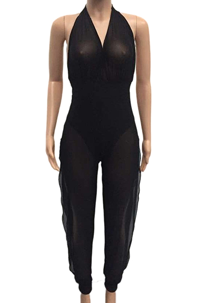 Sexy Sleeveless See Through Black Gauze One Piece Skinny Jumpsuitslw