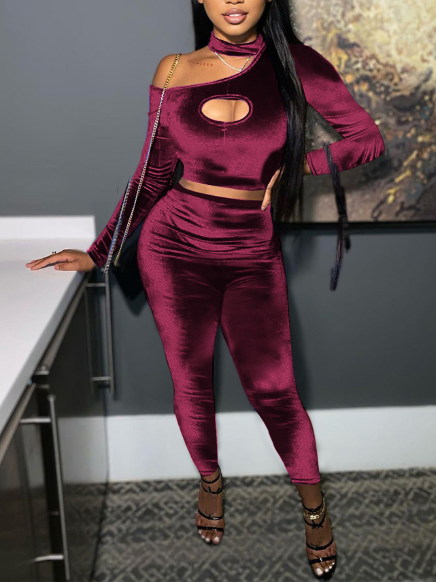 Lw Sxy Pleuche Hollow Out Design Skinny Pants Set Sale Lovelywholesale