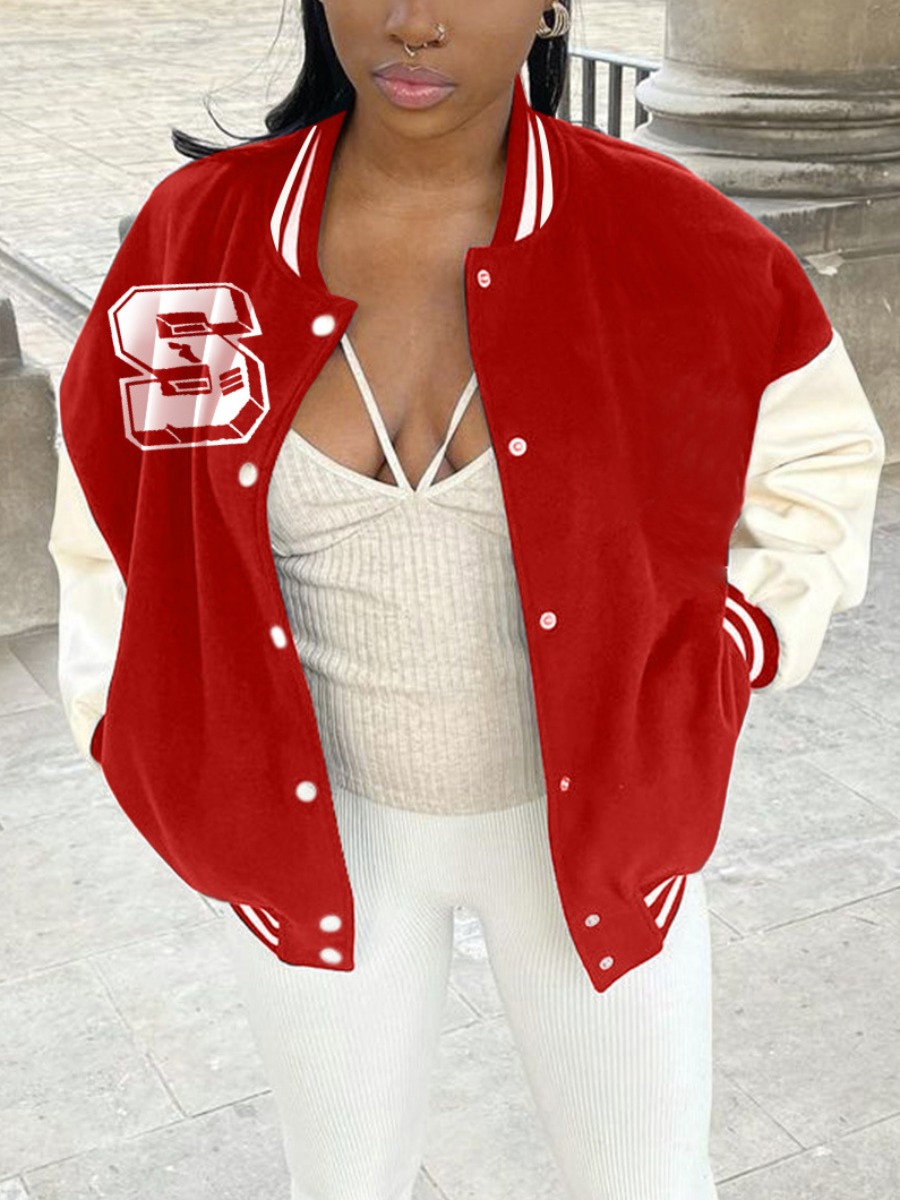 LW Baseball Collar Letter Print Striped Jacket Sale | LovelyWholesale